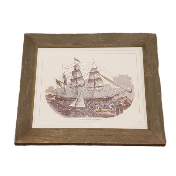 Art | Vtg Framed Clipper Barque Mermaid Ship Print Boats Sea Ocean ...